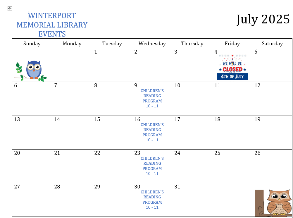 Calendar – Welcome to the Winterport Memorial Library